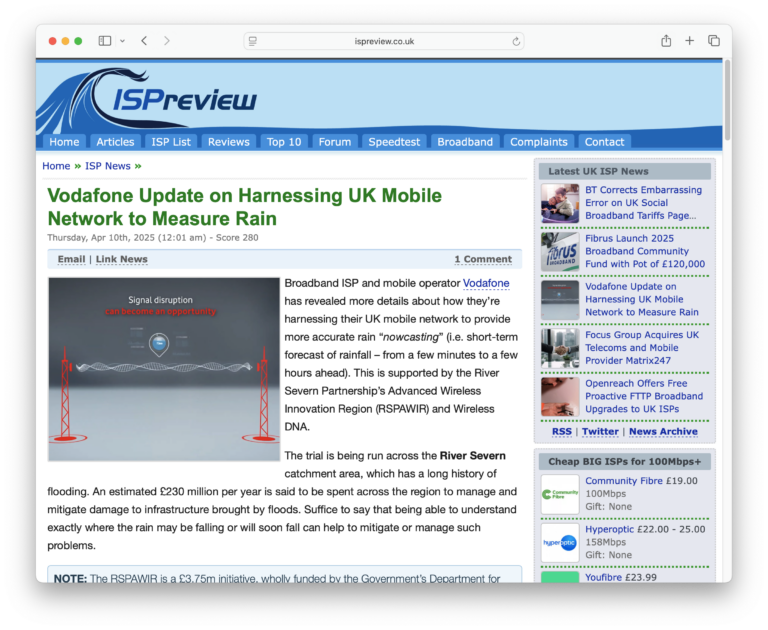 Vodafone using UK Mobile Network to Measure Rain – www.chrisrcook.com